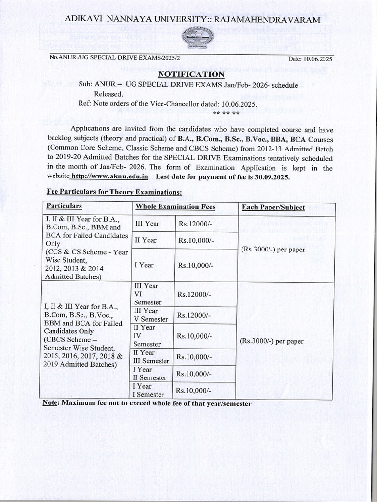 AKNU Special Drive Exam Notification 2025 | PDF | Qualifications ...