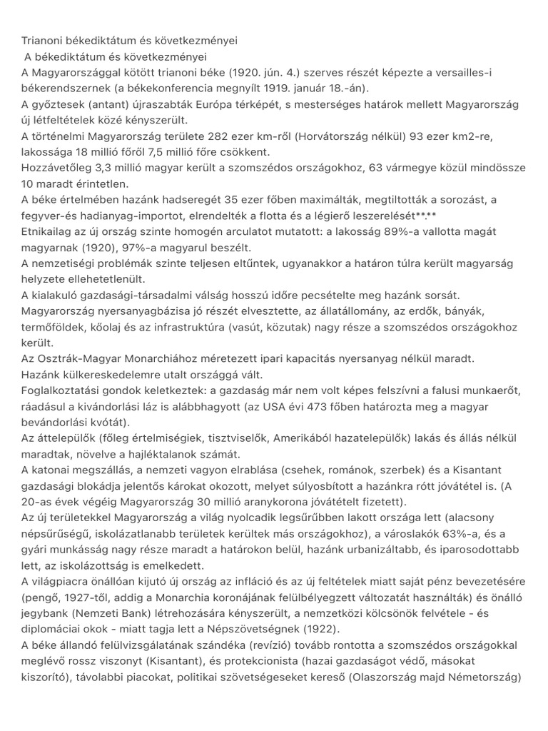 Trianoni Békediktátum És Következményei | PDF