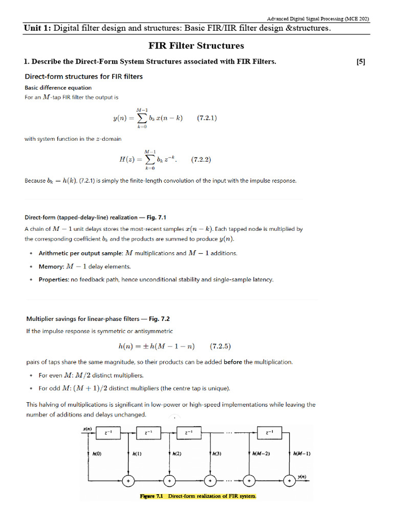 Unit 2 (Digital Filter Structures) | PDF | Digital Signal Processing | Filtration