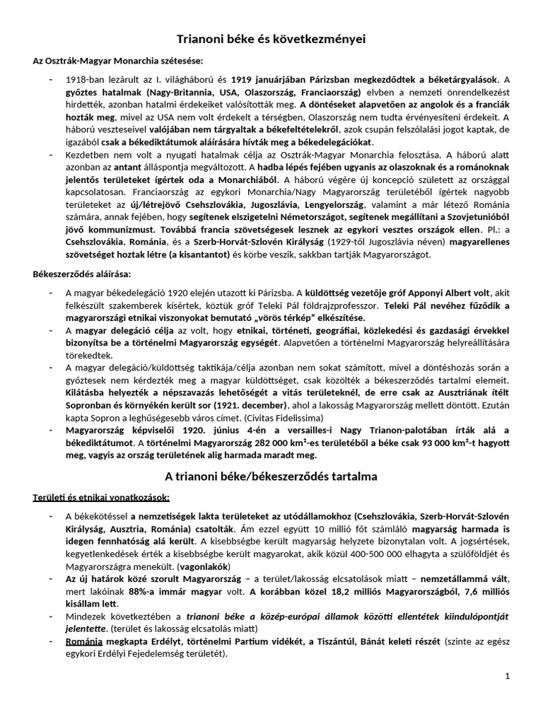 Tétel Trianoni Békediktátum És Következményei | PDF