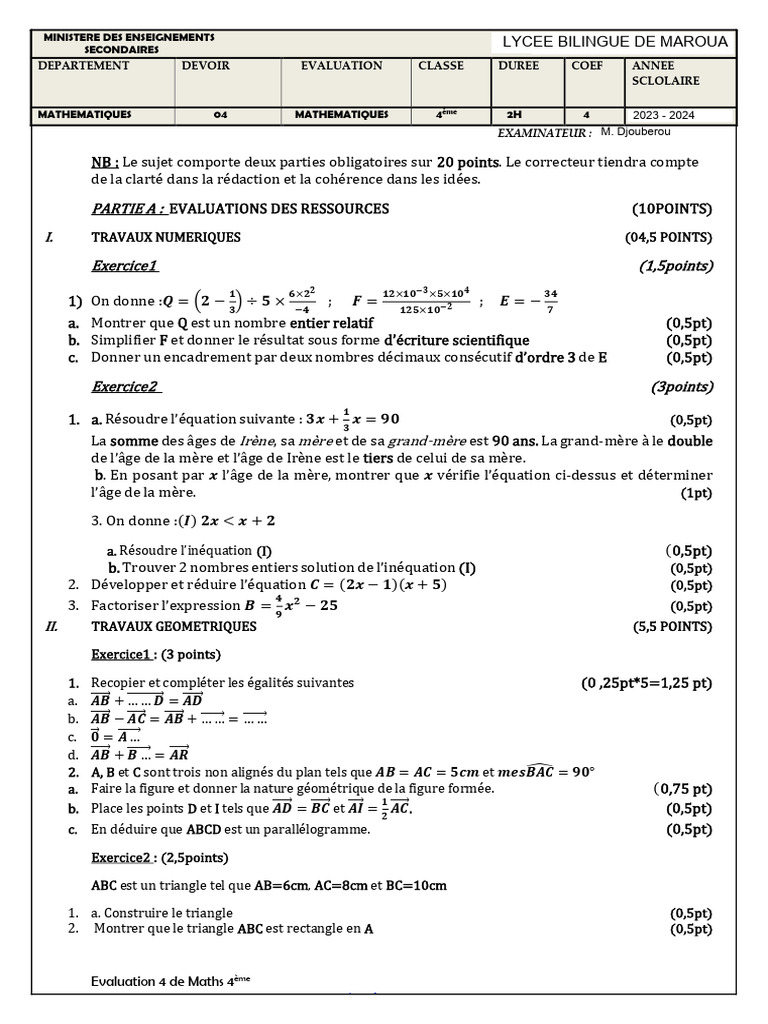 Évaluation de Maths 4ème - LYBIMBO | PDF | Mathématiques