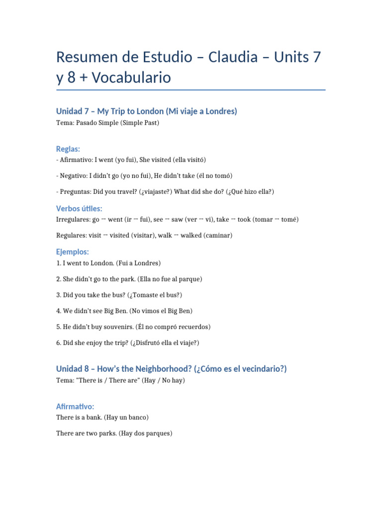 Resumen Claudia Units 7 8 Mas Vocabulario | PDF