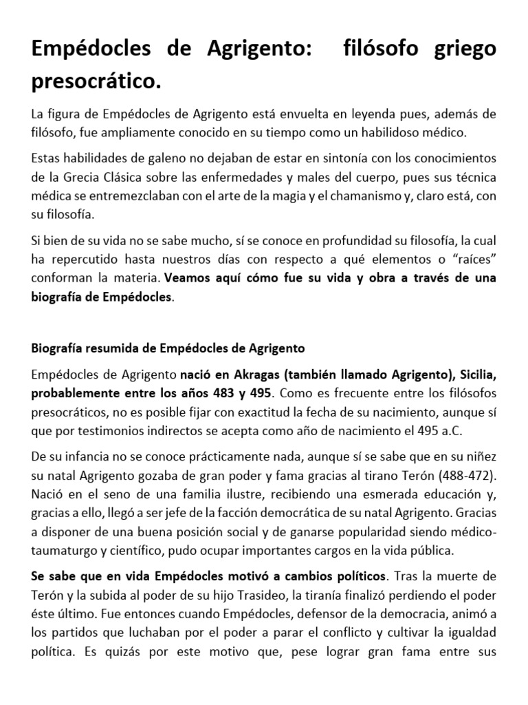 Biografía y filosofía de Empédocles | PDF | Metafísica