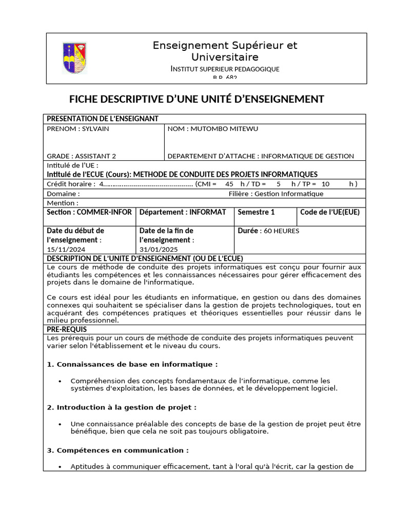 Fiche Descriptive de Cours_ISP 2025 | PDF | Gestion de projet ...