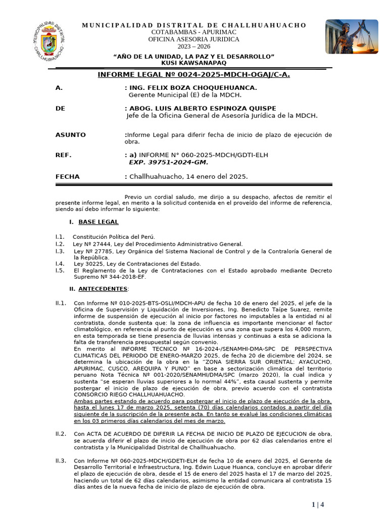 INFORME LEGAL #0024-2025 - Diferir Fecha de Inicio de Plazo de Ejecucion | PDF | Gobierno local ...