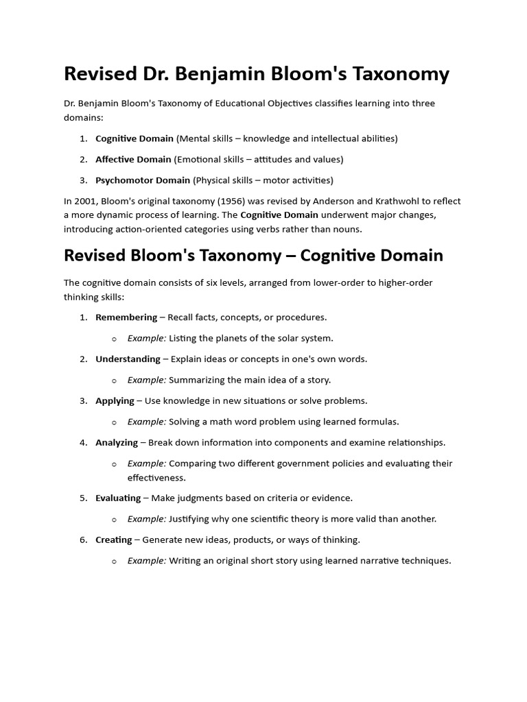 Revised Dr. Benjamin Bloom's Taxonomy | PDF