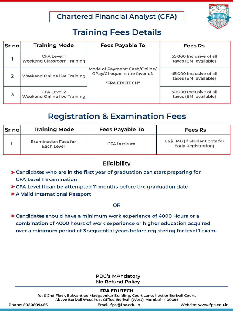 CFA Weekend Fees Structure (2025) | PDF