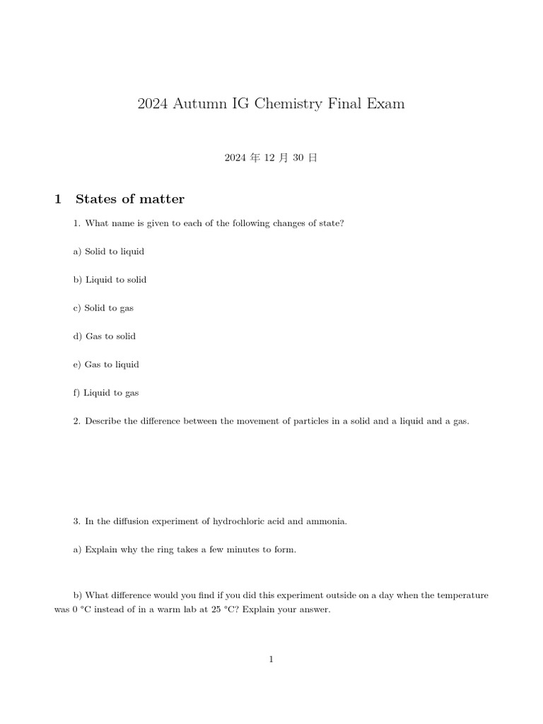 2024 Autumn IG Chemistry Final Exam | PDF | Atoms | Proton