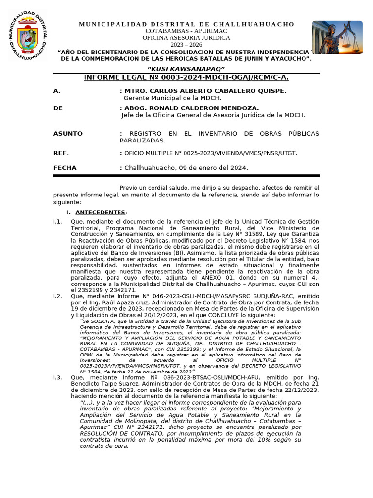 Informe Legal #0003-2024 Priorización de Obras Públicas Paralizadas ...