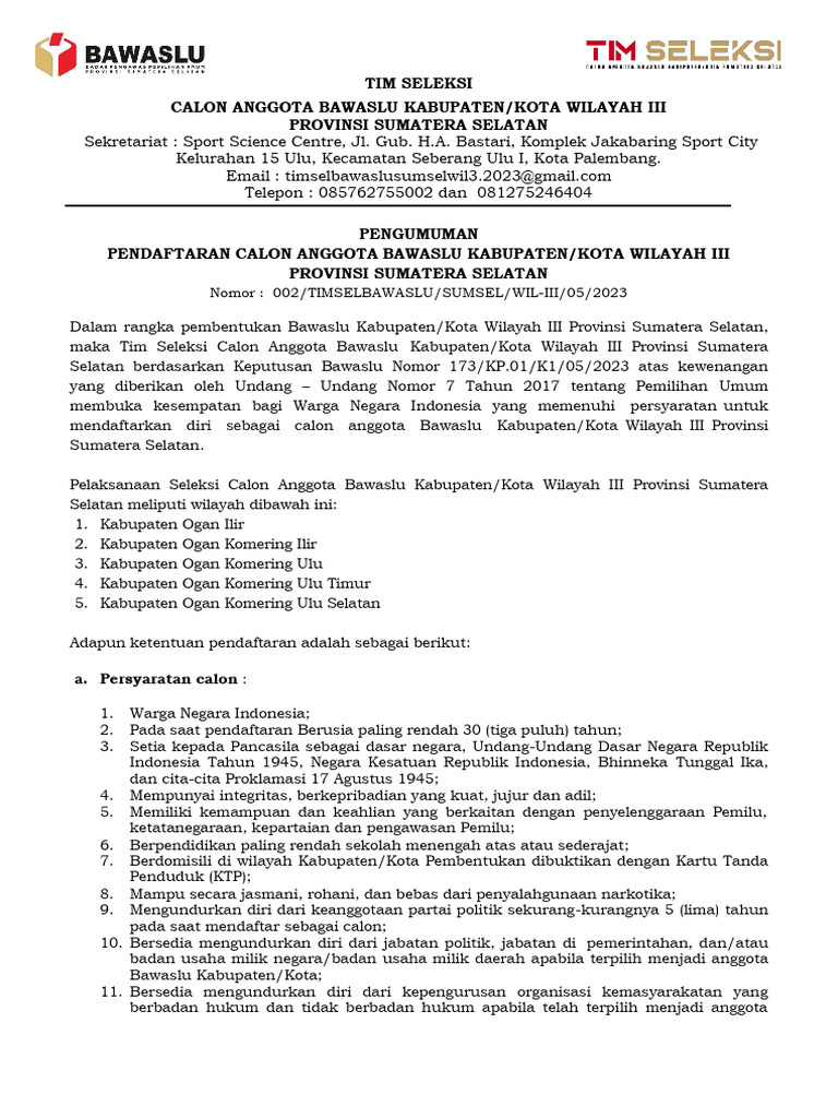 Pendaftaran Calon Anggota Bawaslu Sumsel | PDF