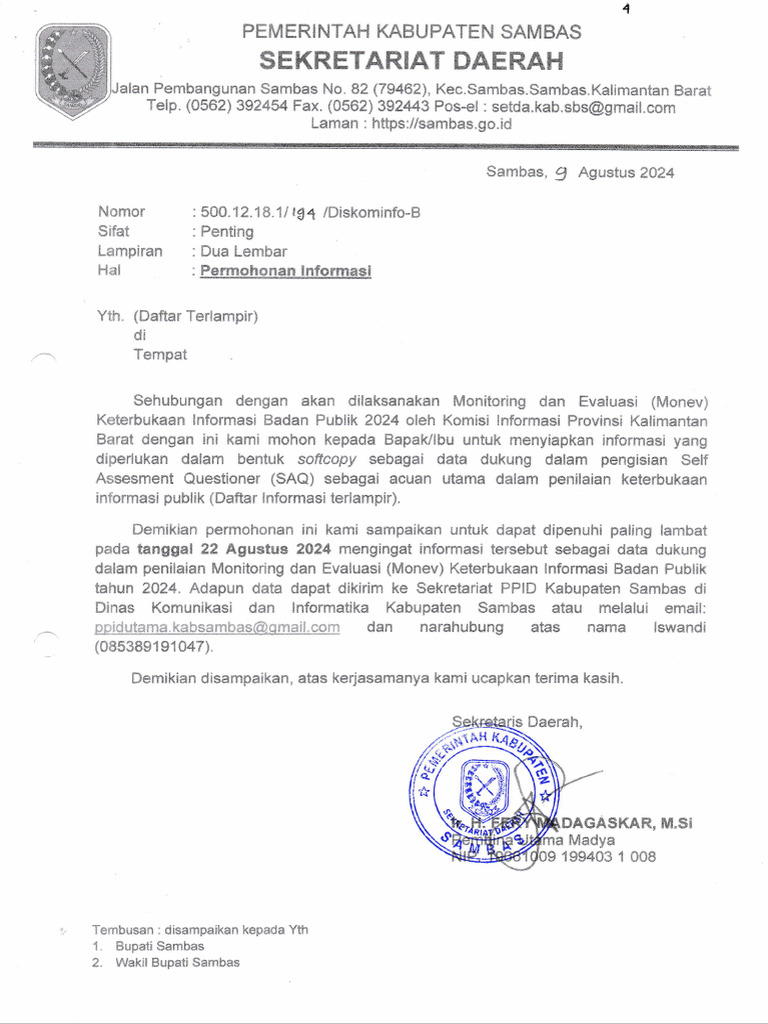 Surat Sekda Hal Permohonan Informasi | PDF