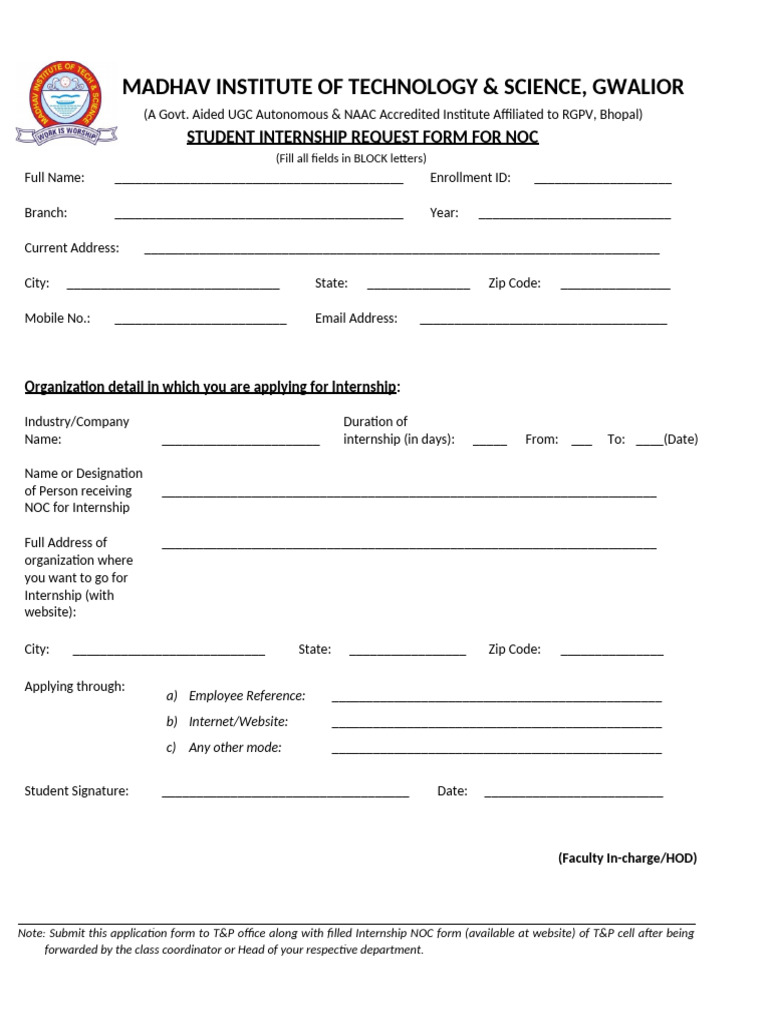 Internship Request Form For NOC | PDF