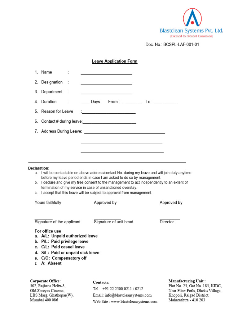 Leave Application Form - Bcs | PDF