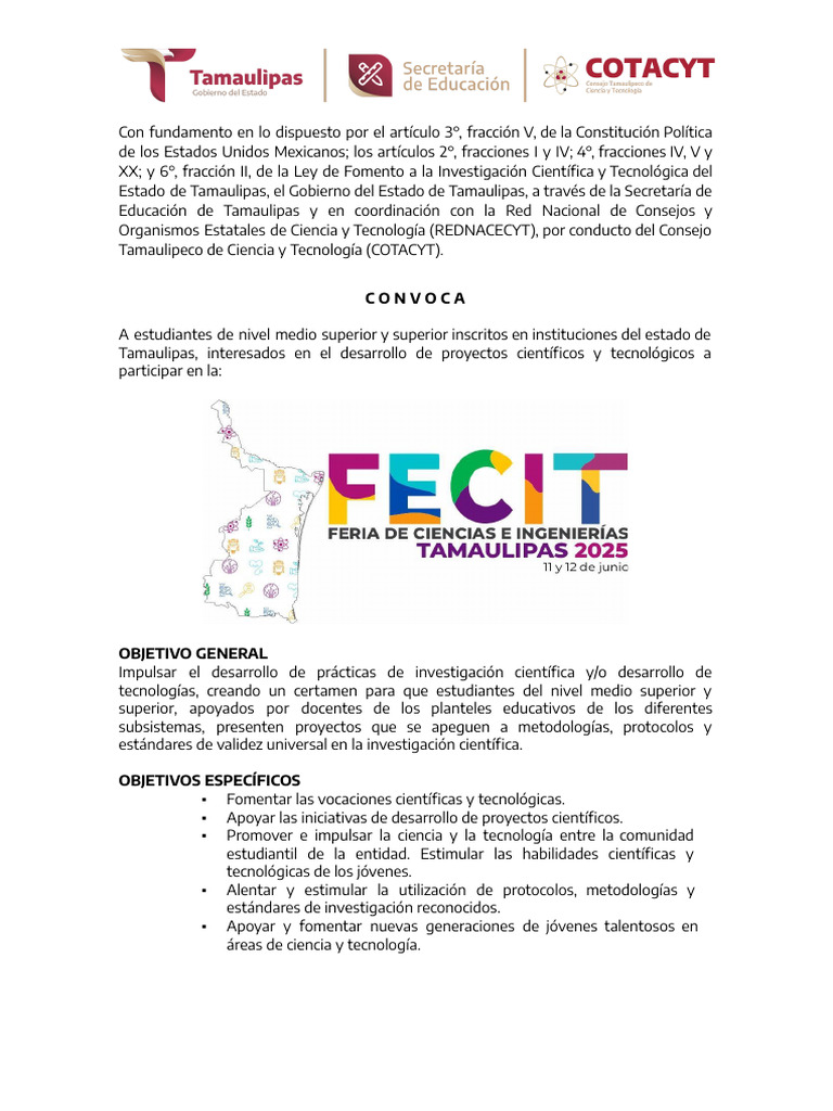 Convocatoria FECIT 2025 en Tamaulipas | PDF | Biología | Fisiología