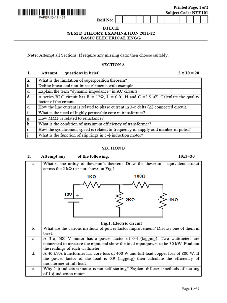 Btech 1 Sem Basic Electrical Engg Nee101 2022 | PDF | Electric Motor | Transformer