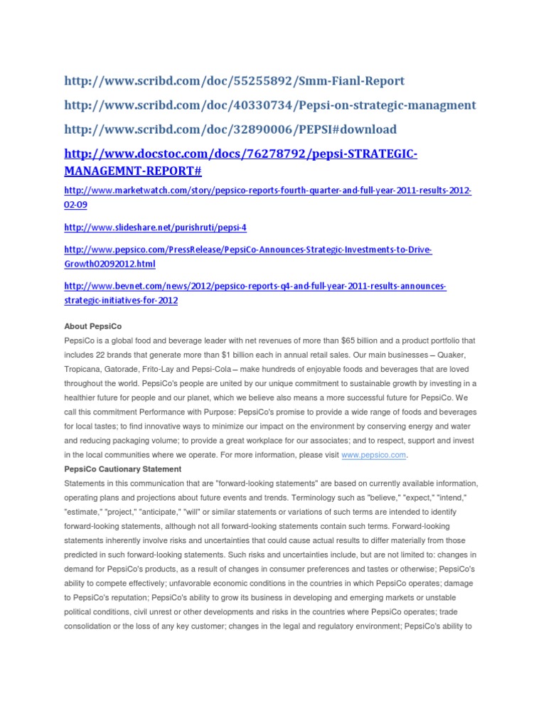 SWOT Analysis PepsiCo | PDF | Pepsi Co | Beverages