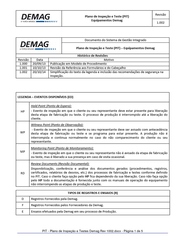PIT - Plano de Inspeção e Testes Demag Rev 1002 | PDF