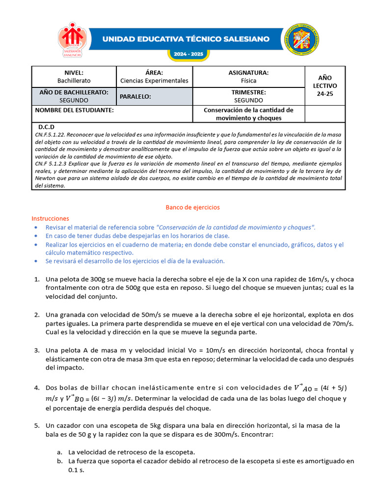 Banco de Ejercicios - Conservacion de La Cantidad de Movimiento y Choques 24-25 | PDF | Impulso ...