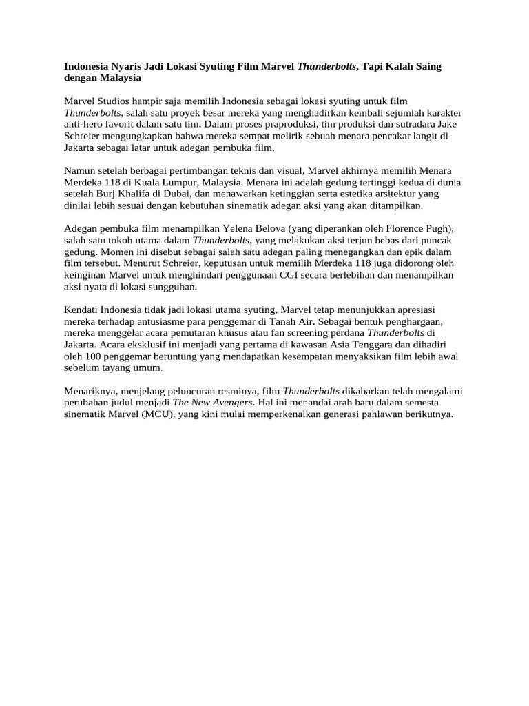 Indonesia Nyaris Jadi Lokasi Syuting Film Marvel Thunderbolts | PDF