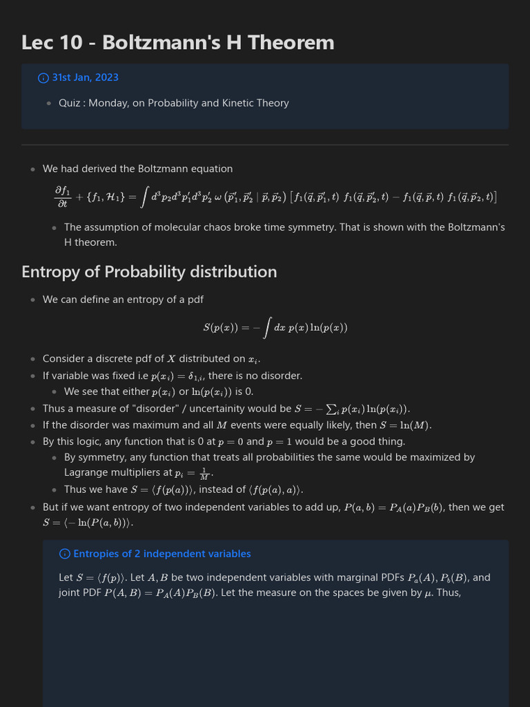 Lec 10 - Boltzmann's H Theorem | PDF | Thermodynamics | Physical Chemistry