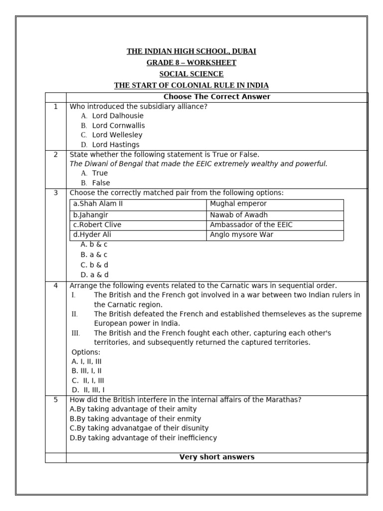 Gr8-SSC-The Start of Colonial Rule in India-Worksheet | PDF | British India