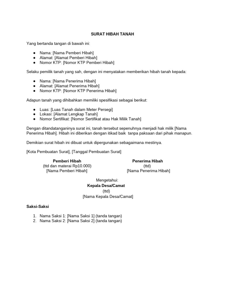 Contoh Surat Hibah Tanah Resmi | PDF