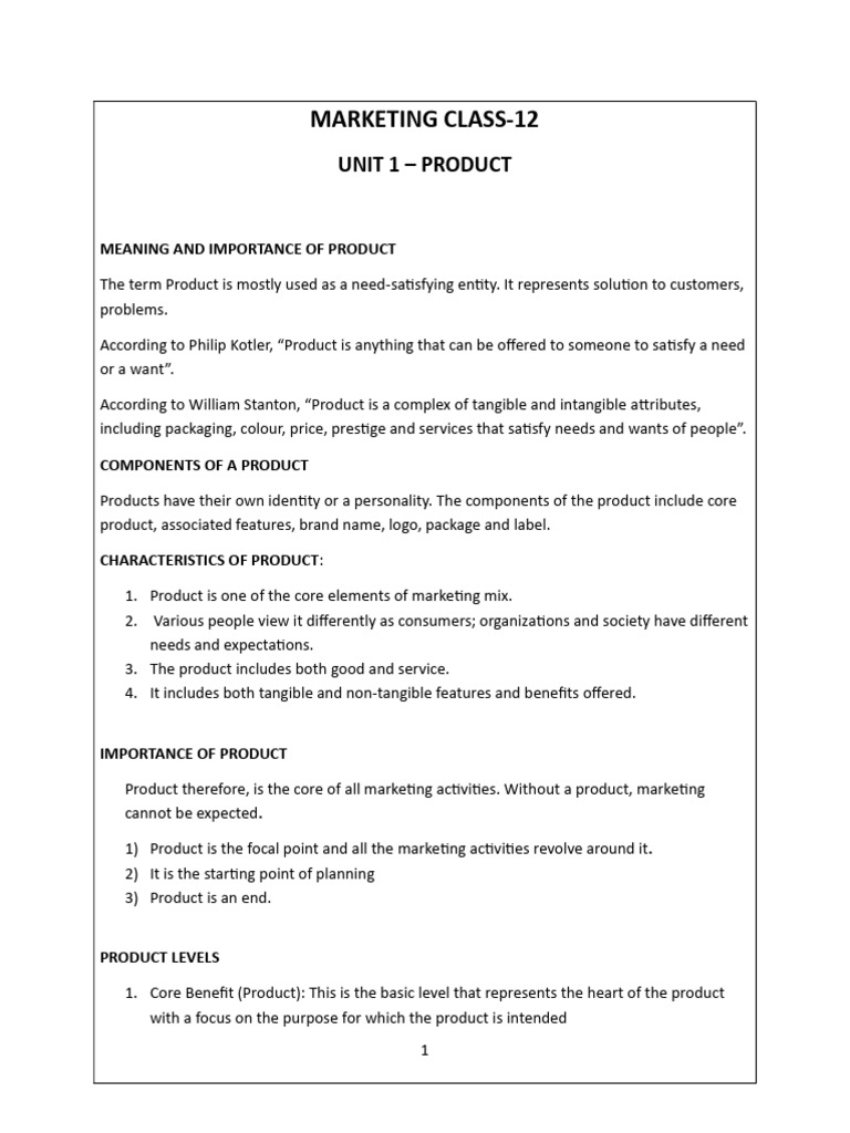 Marketing Unit 1 PRODUCT | PDF | Goods | Final Good