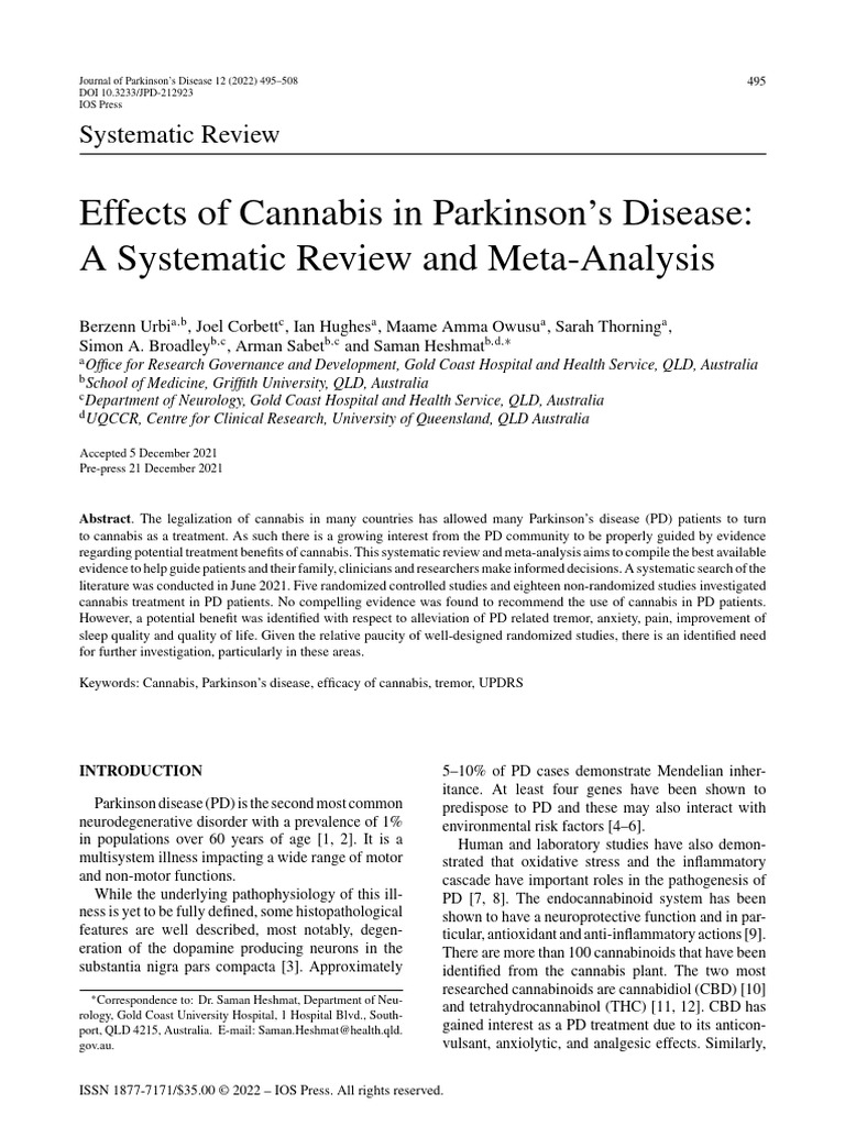 Urbi Et Al 2021 Effects of Cannabis in Parkinson S Disease A Systematic Review and Meta Analysis ...
