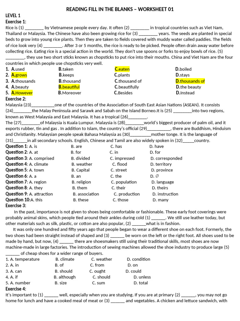 Reading Fill in The Blanks Ws1 | PDF | Supermarket | Malaysia