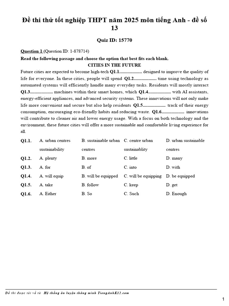 Quiz 15770 de Thi Thu Tot Nghiep THPT Nam 2025 Mon Tieng Anh de So 13 ...