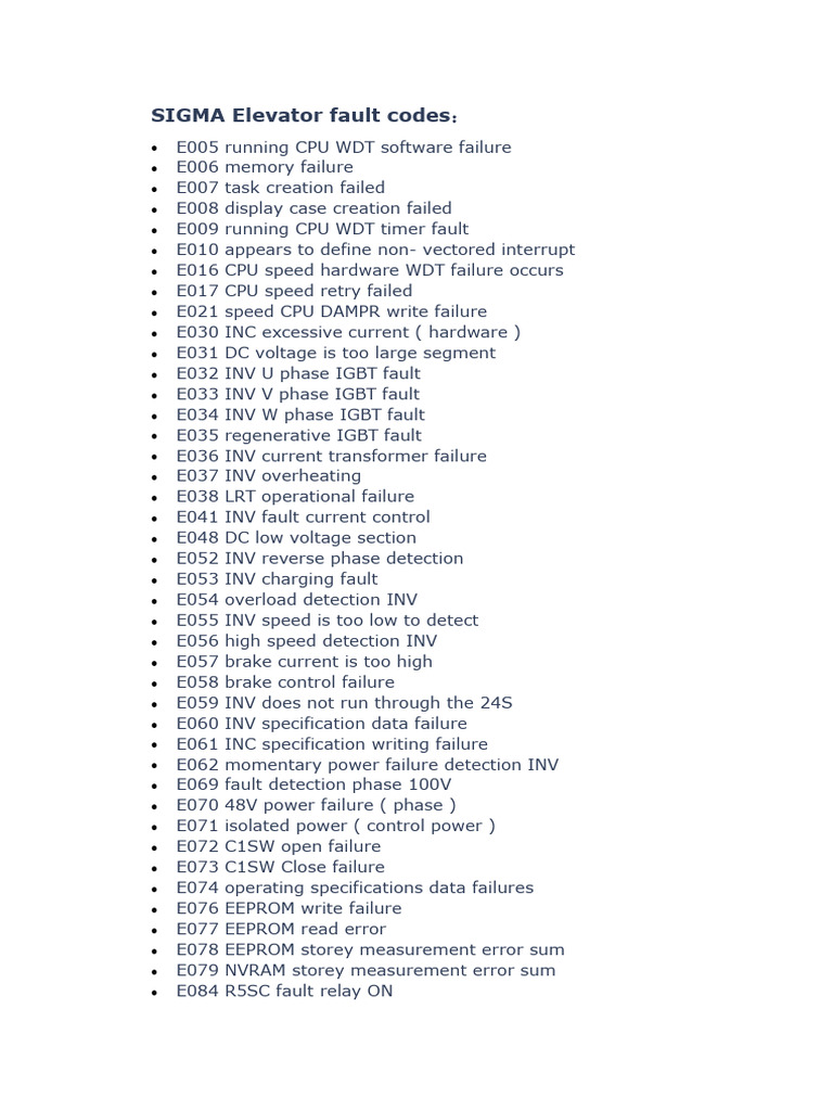 SIGMA Elevator Fault Codes | PDF | Manufactured Goods | Electrical Engineering