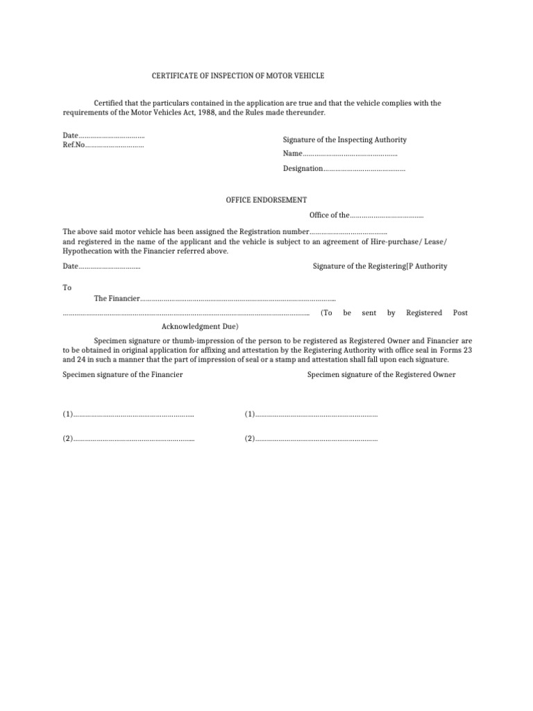 RTO Form 20: Motor Vehicle Inspection Certificate | PDF | Semi Trailer ...