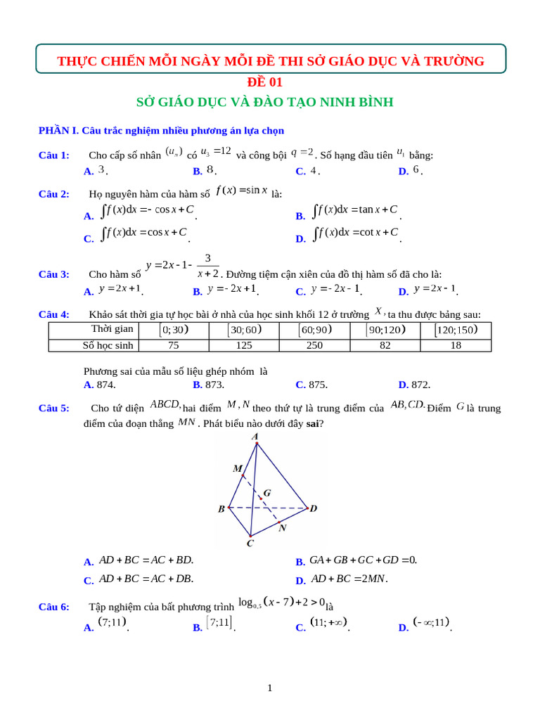 Ngày 1 - Đề Thi Thử Tốt Nghiệp - SGD Ninh Bình - DA in (Huong Ly-L12 TLap) | PDF