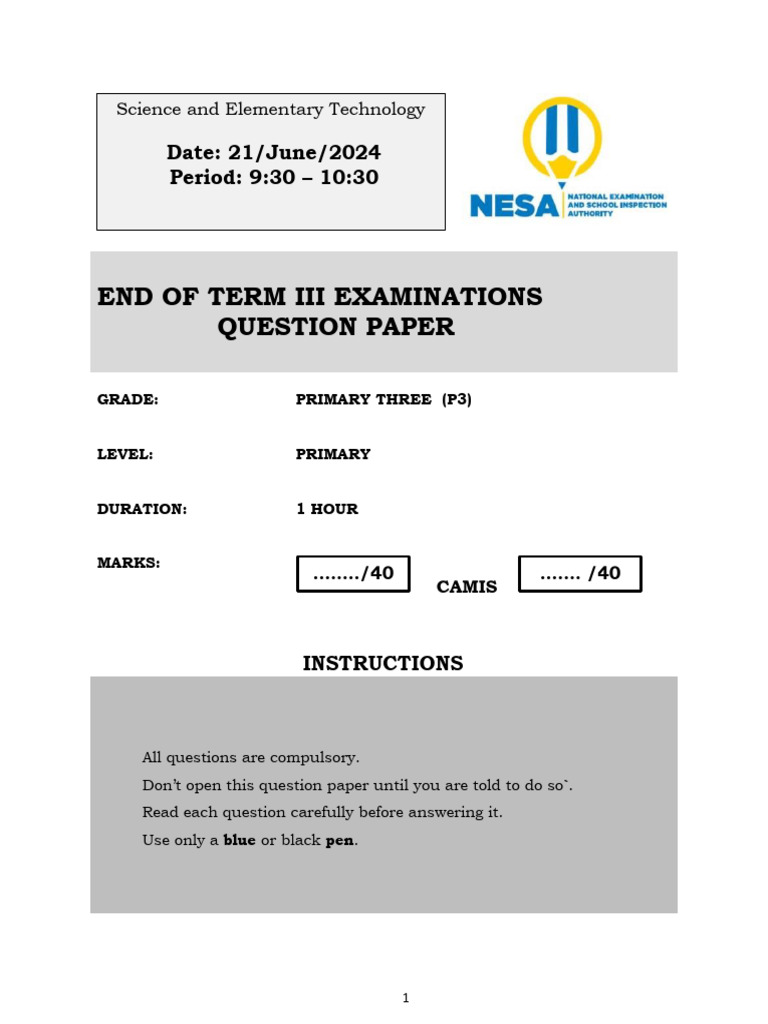 End of Term Iii Examinations Question Paper: Date: 21/june/2024 Period ...