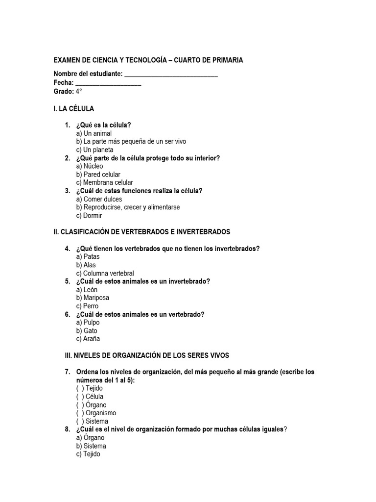 Examen de Ciencia para 4° Primaria | PDF