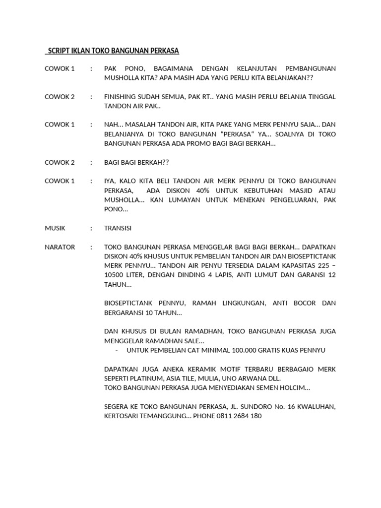 Script Iklan Toko Bangunan Perkasa | PDF