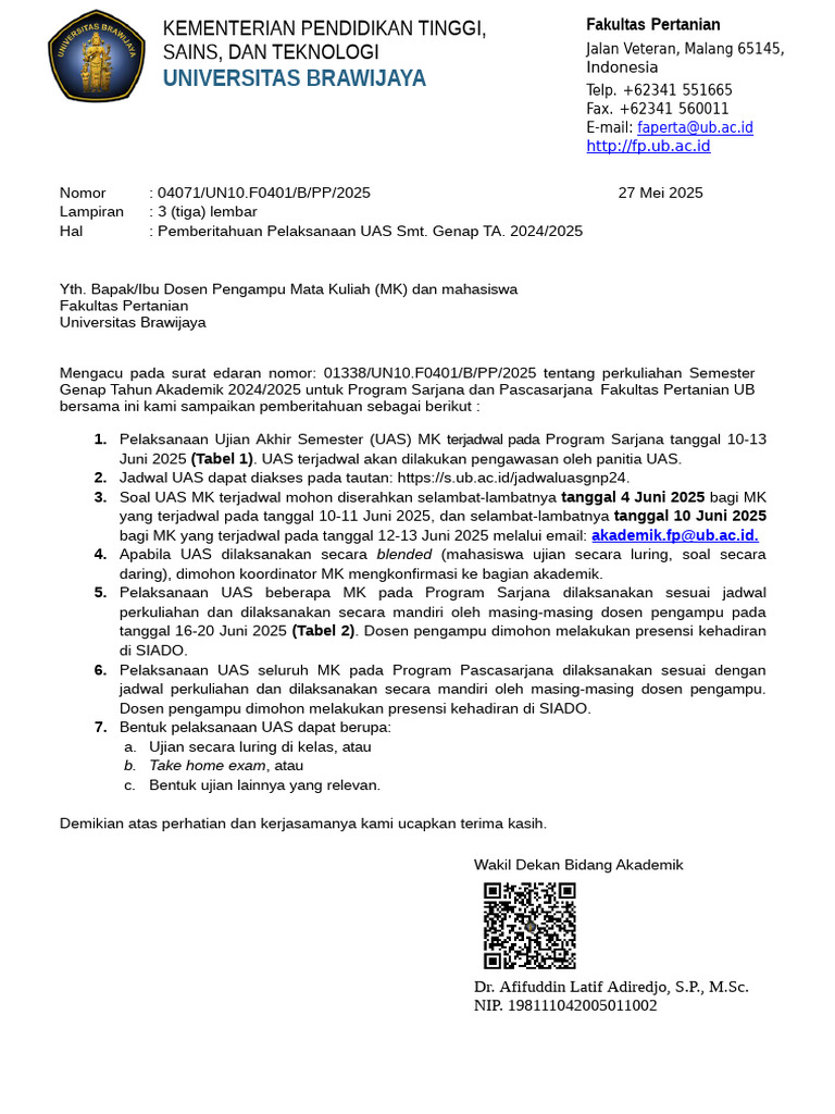 Pemberitahuan Uas Smt. Genap 2024 - 2025 | PDF