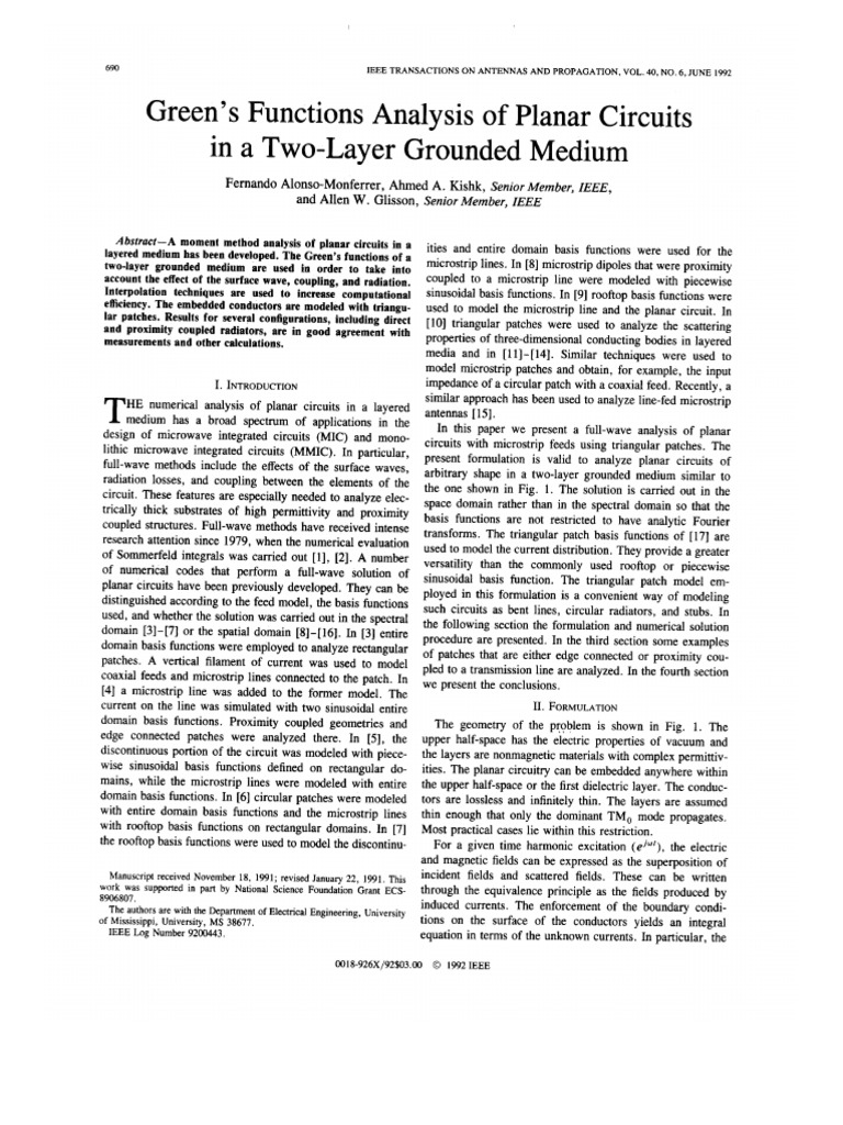 Greens Functions Analysis of Planar Circuits in A Two-Layer Grounded Medium | PDF