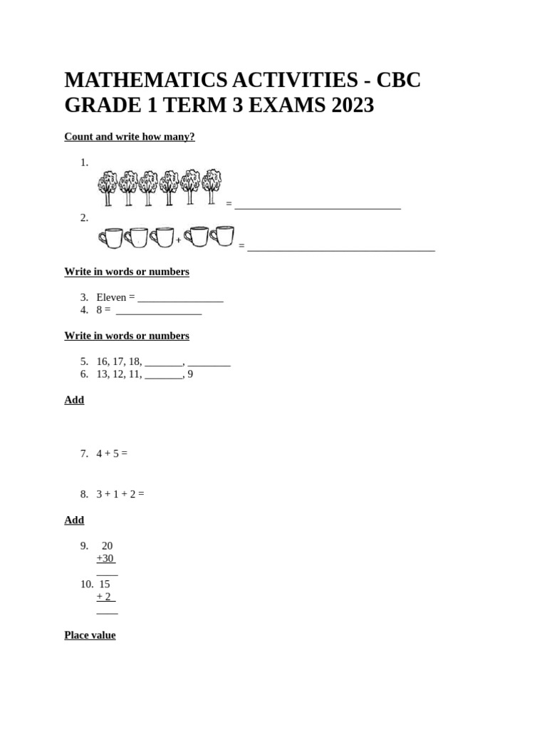 Grade 1 Term 3 Maths Exam 2023 | PDF