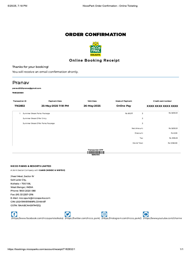 Nicco Park Online Ticket Confirmation | PDF | Financial Technology ...