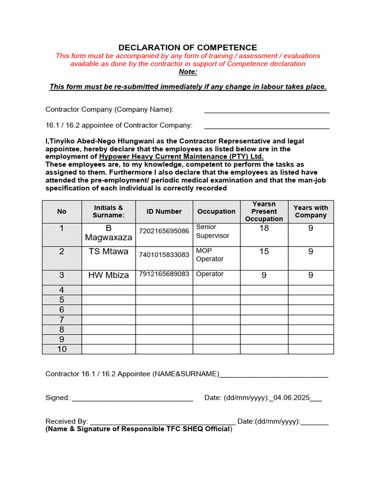 Declaration of Competence | PDF