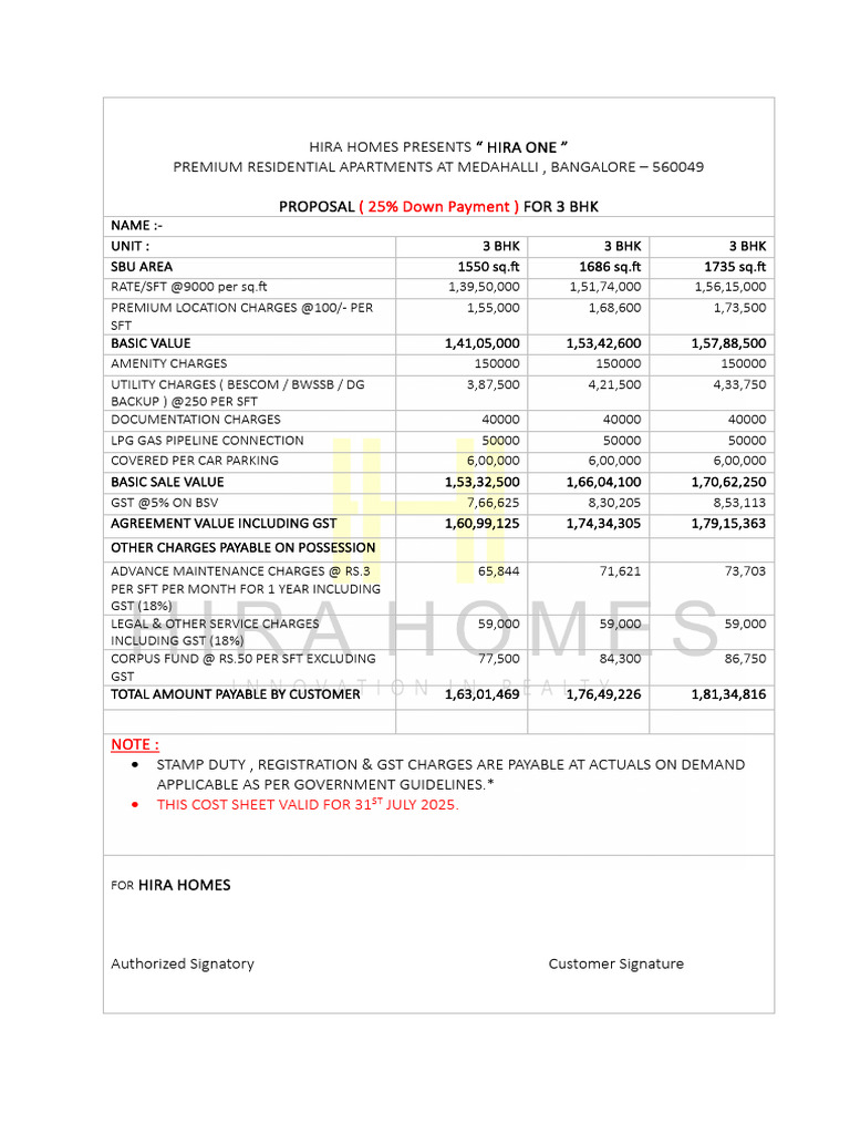 3 BHK Cost Sheet (Hira One) | PDF | Value Added Tax | Government Finances