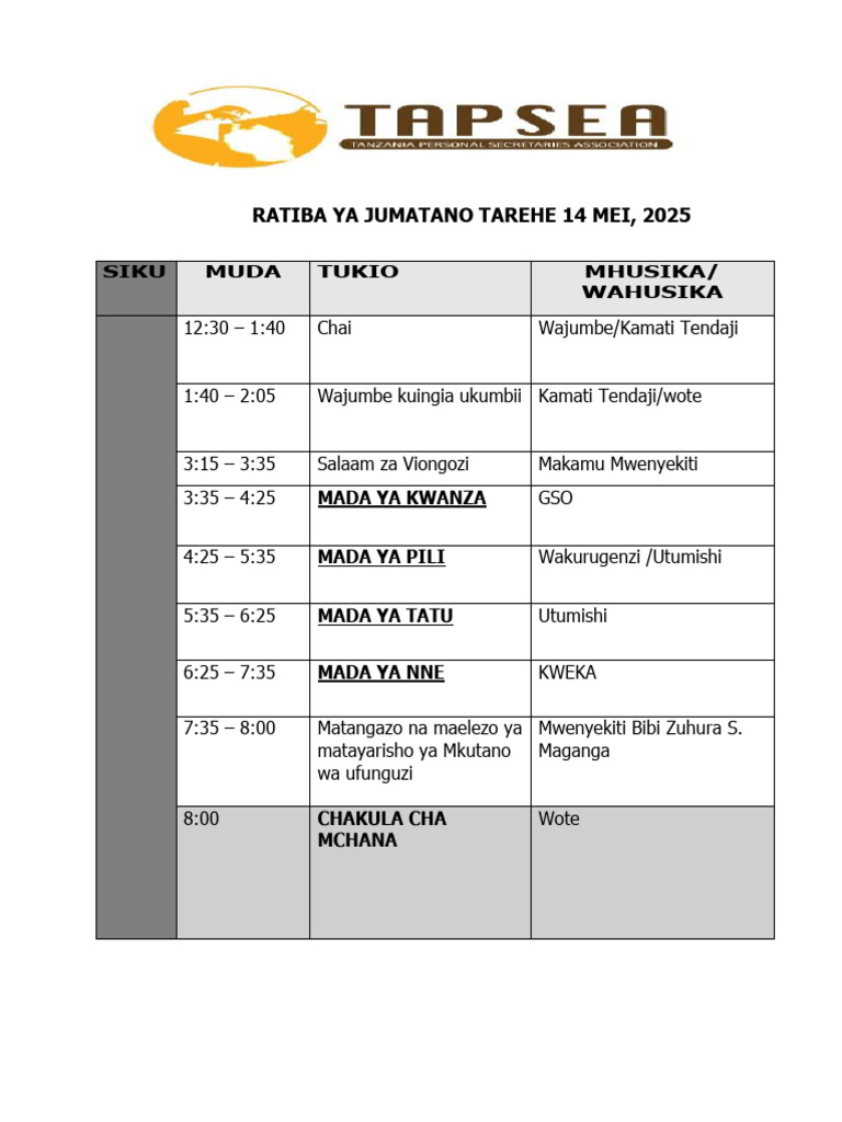 Ratiba Za Mkutano From Day Two - 2025 | PDF