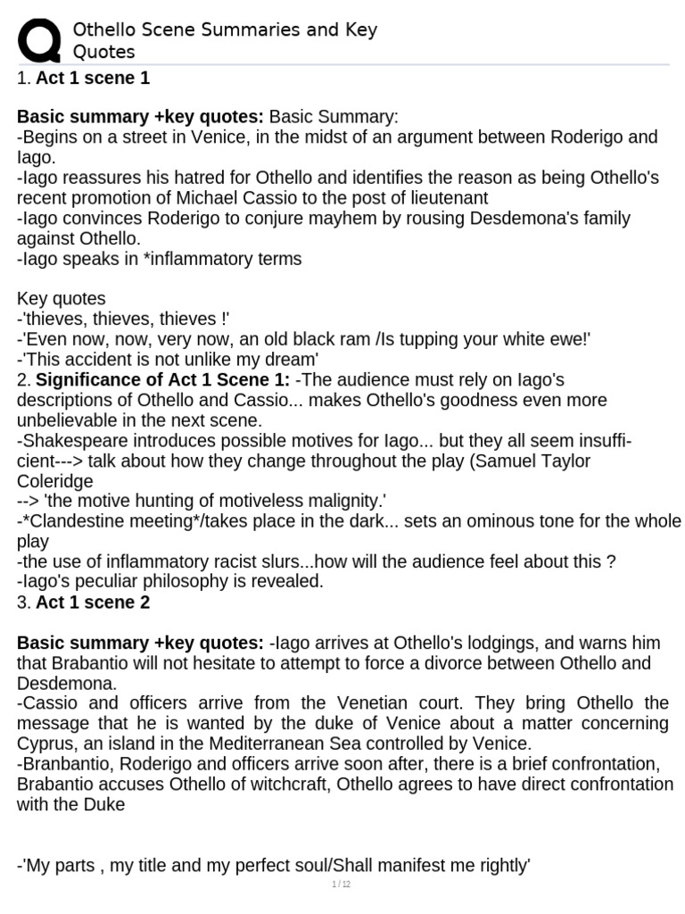 Othello Scene Summaries and Key Quotes | PDF | Othello | Iago