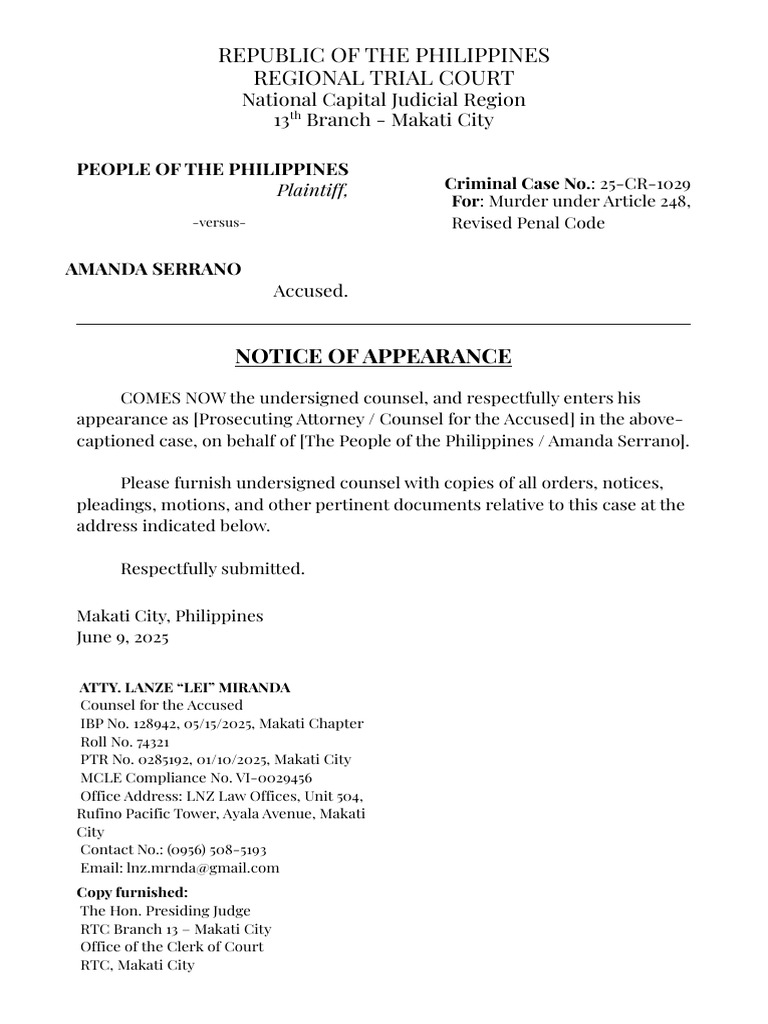 Notice of Appearance in Murder Case | PDF