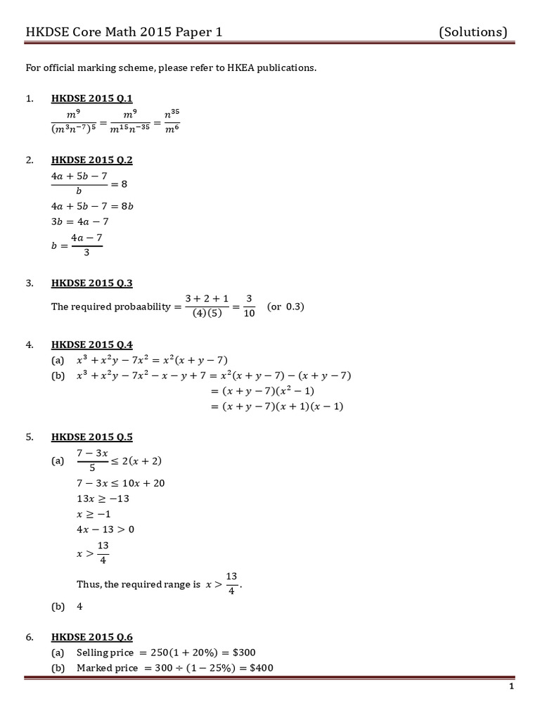 HKDSE 2015 Math Paper 1 Solutions | PDF | Mathematics