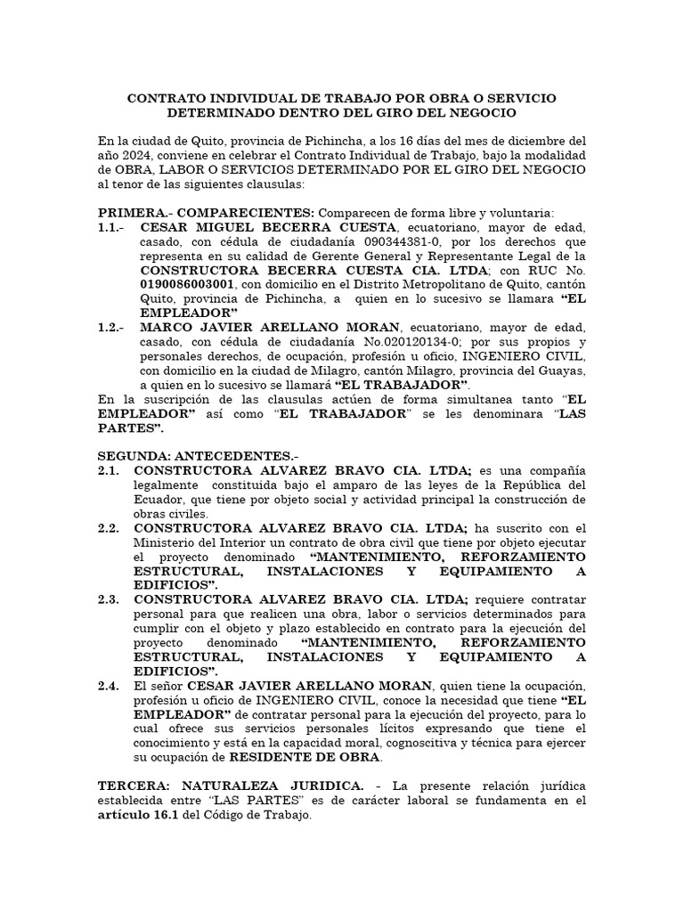Contrato de Trabajo Por Obra | PDF | Derecho laboral | Salario