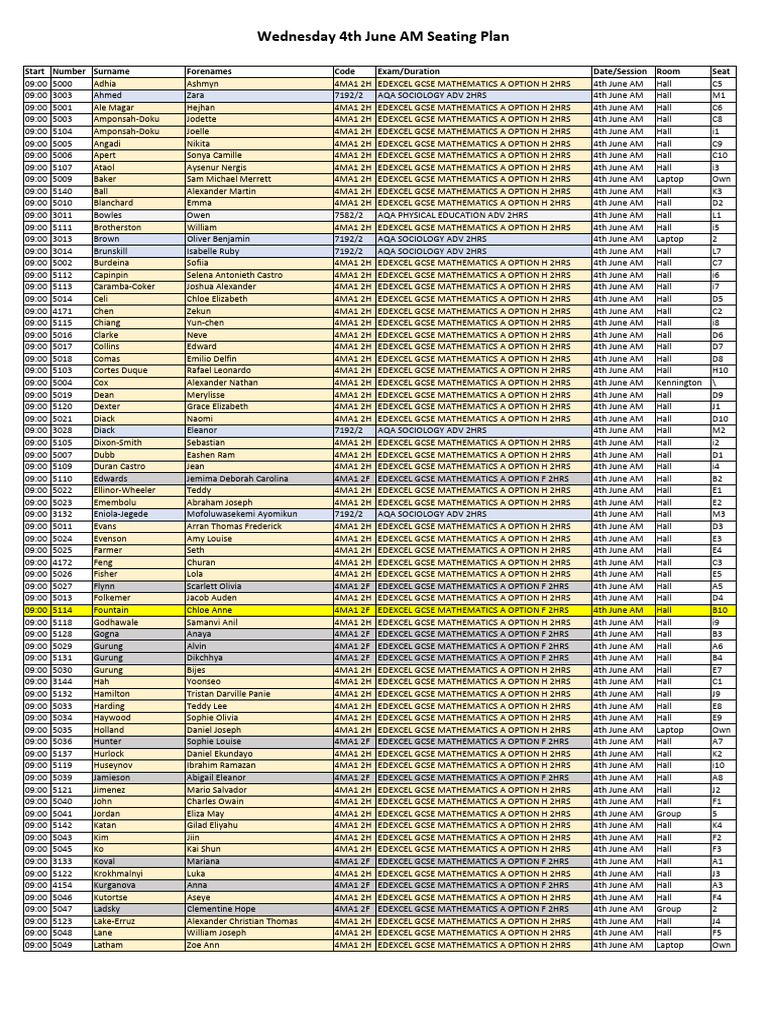 Wednesday 4th June AM Seating Plan | PDF | Qualifications | Chess Theory