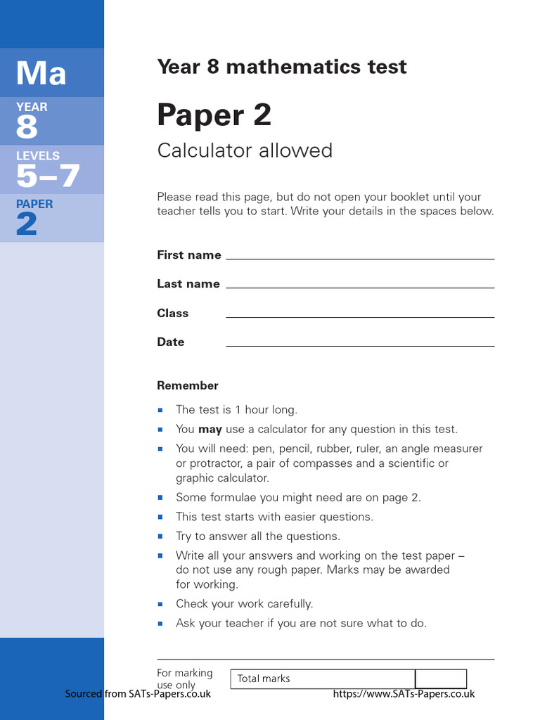 Year 8 Math Test Paper 2 Guide | PDF | Numbers | Area