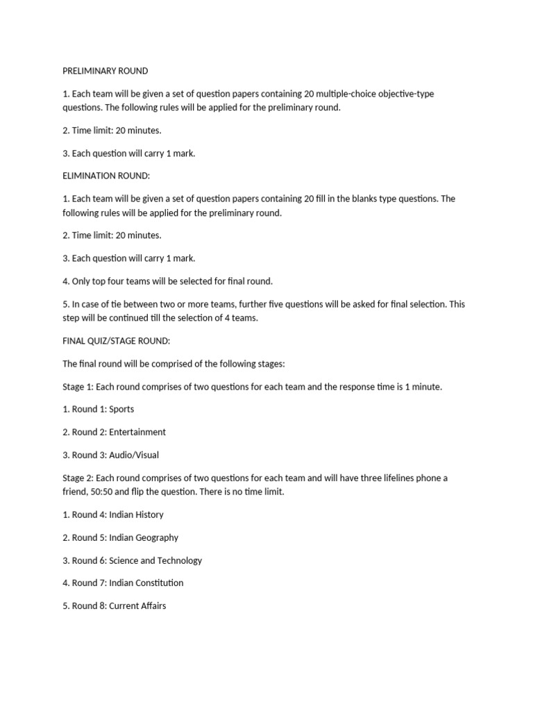 Quiz Competition Rules and Rounds | PDF